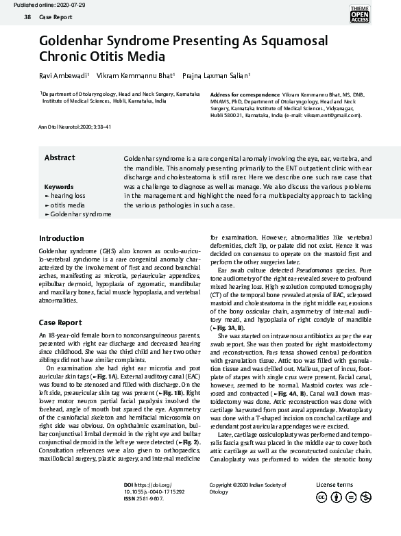 (PDF) Goldenhar Syndrome Presenting As Squamosal Chronic Otitis Media