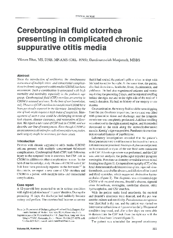 (PDF) Cerebrospinal Fluid Otorrhea Presenting in Complicated Chronic ...