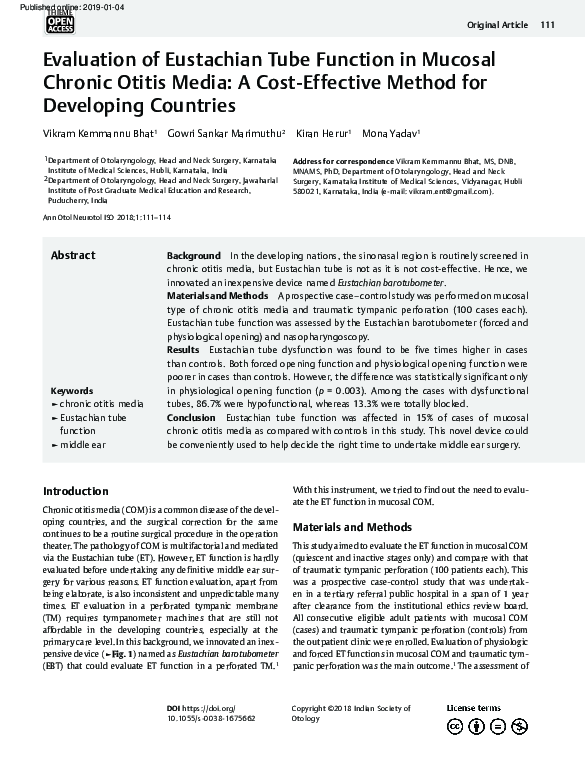 (PDF) Evaluation of Eustachian Tube Function in Mucosal Chronic Otitis ...