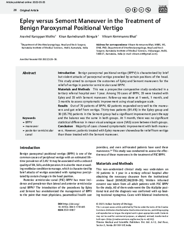 (PDF) Epley versus Semont Maneuver in the Treatment of Benign ...