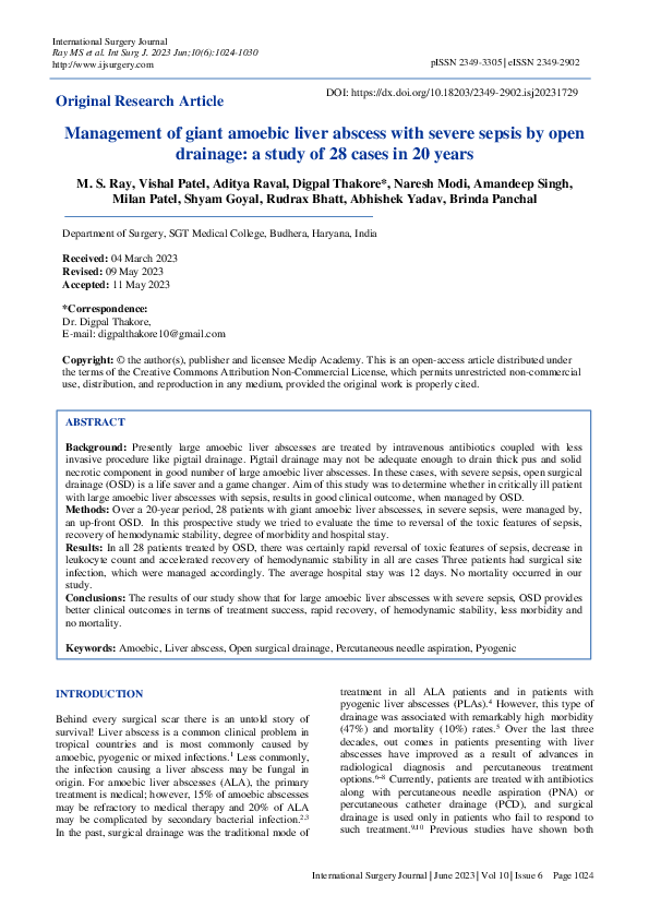 (PDF) Management of giant amoebic liver abscess with severe sepsis by ...