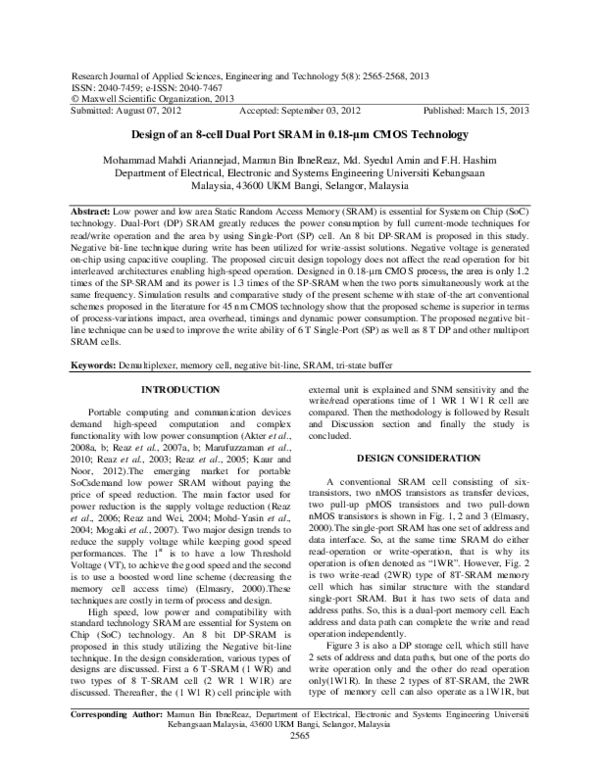 (PDF) Design of an 8-cell Dual Port SRAM in 0.18-μm CMOS Technology