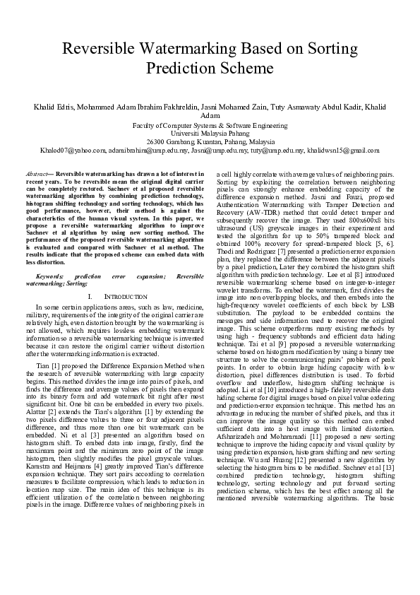 (PDF) Reversible watermarking based on sorting prediction scheme