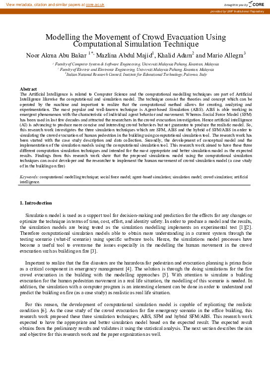 (PDF) Modelling the movement of crowd evacuation using computational simulation technique