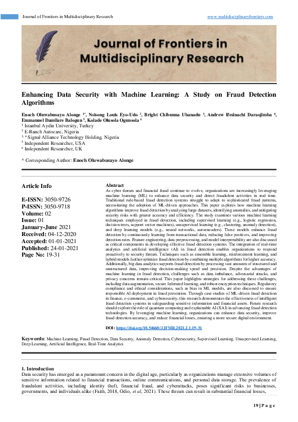 (PDF) Enhancing Data Security with Machine Learning: A Study on Fraud Detection Algorithms