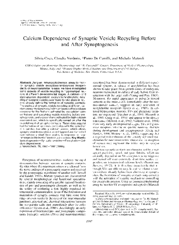 (PDF) Calcium Dependence of Synaptic Vesicle Recycling Before and After ...