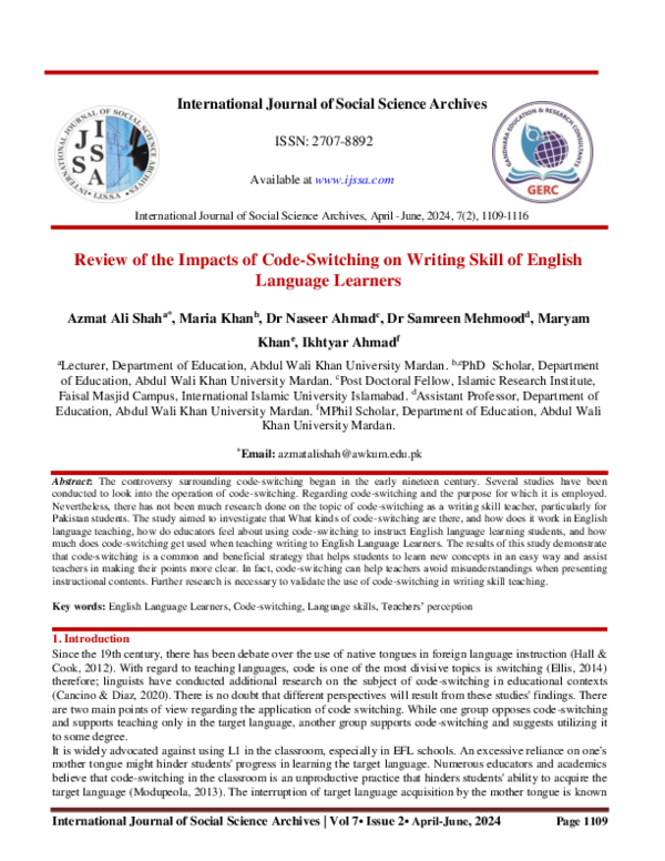 (PDF) Review of the Impacts of Code-Switching on Writing Skill of ...