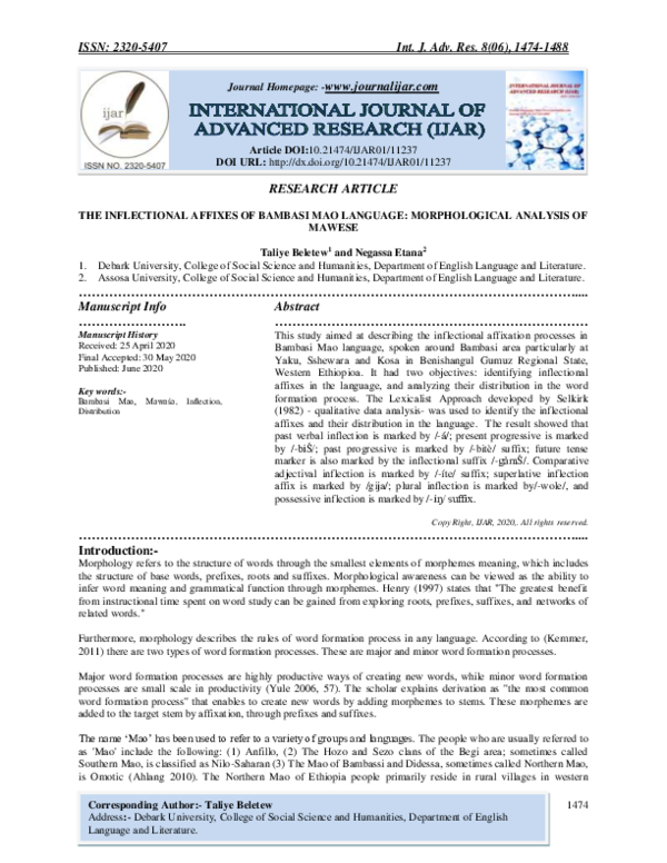 (PDF) The Inflectional Affixes of Bambasi Mao Language: Morphological ...