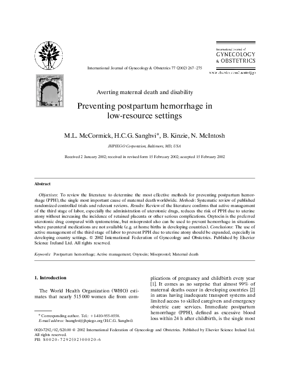 (PDF) Preventing postpartum hemorrhage in low-resource settings