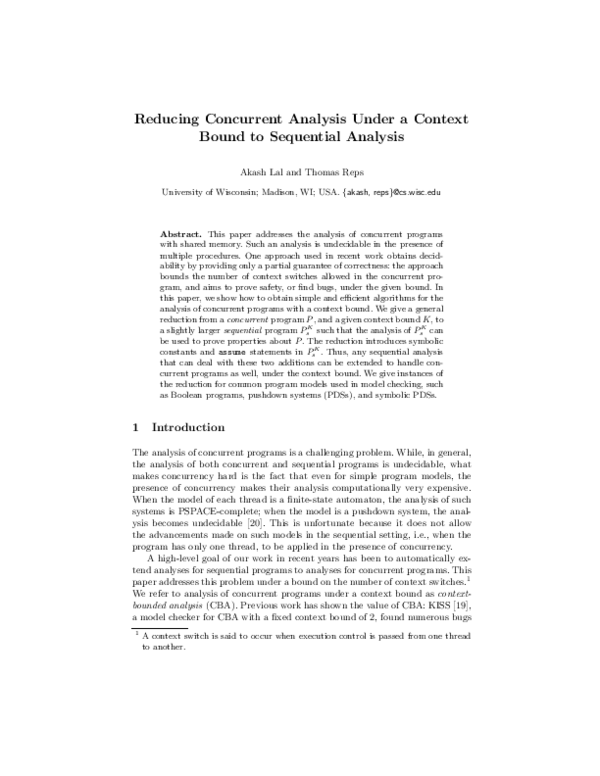 Pdf Reducing Concurrent Analysis Under A Context Bound To Sequential
