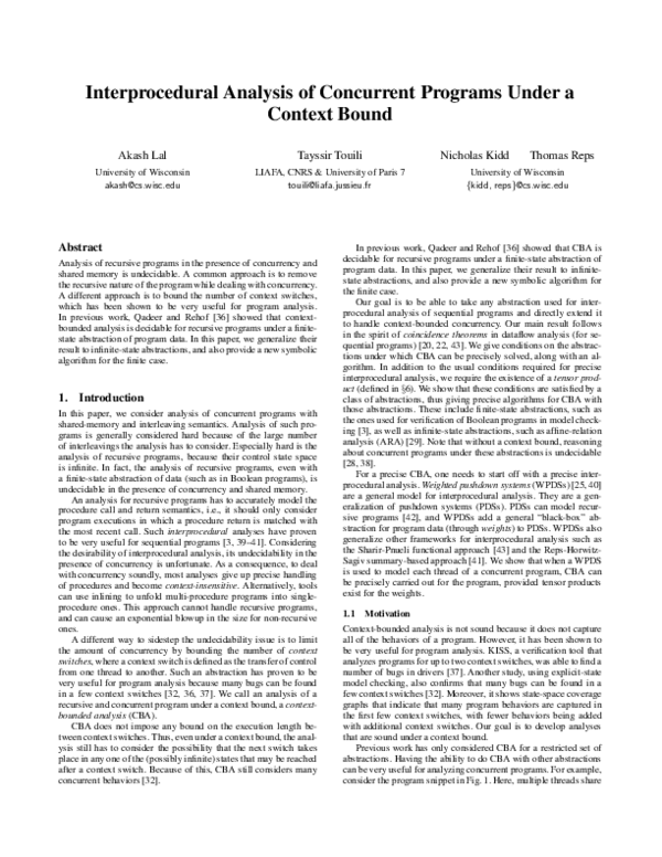 (PDF) Interprocedural Analysis of Concurrent Programs Under a Context Bound