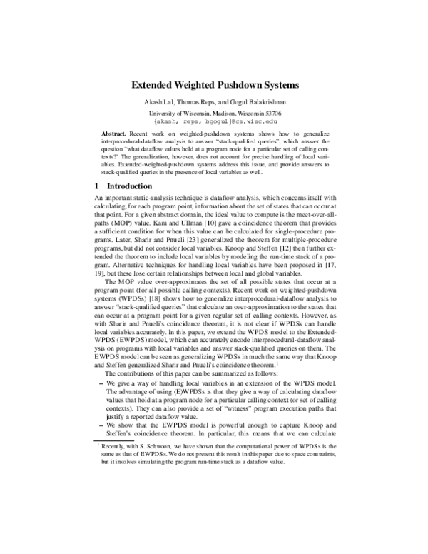 (PDF) Extended Weighted Pushdown Systems