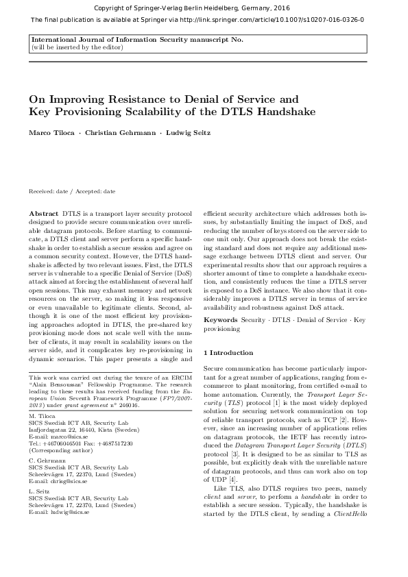 (PDF) On improving resistance to Denial of Service and key provisioning scalability of the DTLS ...