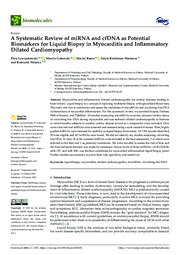 (PDF) A Systematic Review of miRNA and cfDNA as Potential Biomarkers ...