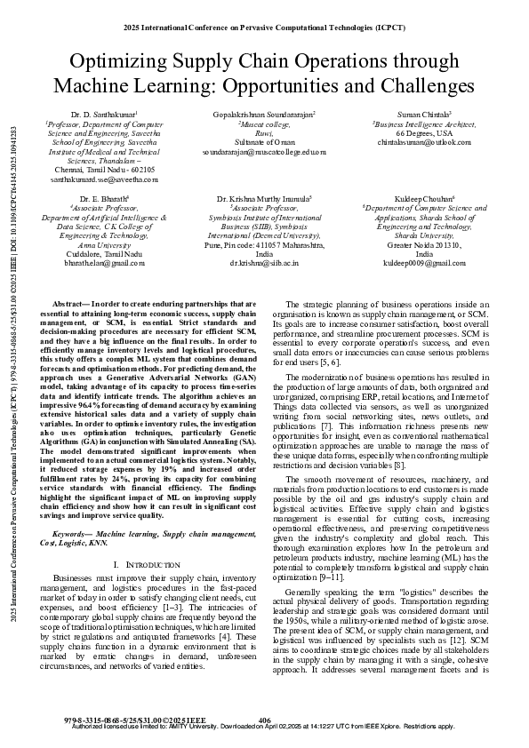 (PDF) Optimizing Supply Chain Operations through Machine Learning: Opportunities and Challenges