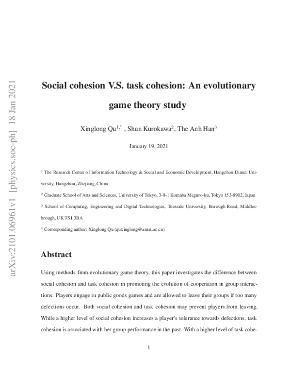 (PDF) Social cohesion V.S. task cohesion: An evolutionary game theory study