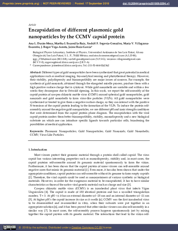 (PDF) Encapsidation of Different Plasmonic Gold Nanoparticles by the CCMV Capsid Protein