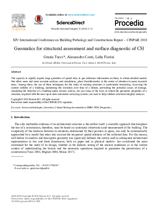 (PDF) Geomatics for structural assessment and surface diagnostic of CH