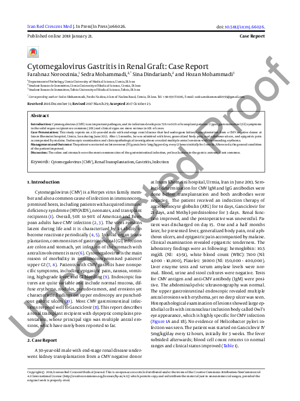 (PDF) Cytomegalovirus Gastritis in Renal Graft: Case Report