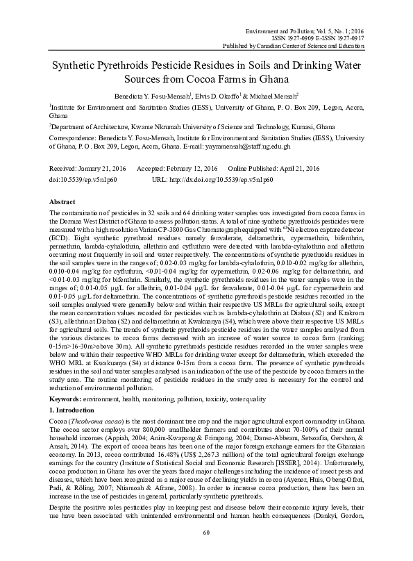 (PDF) Synthetic Pyrethroids Pesticide Residues in Soils and Drinking Water Sources from Cocoa ...