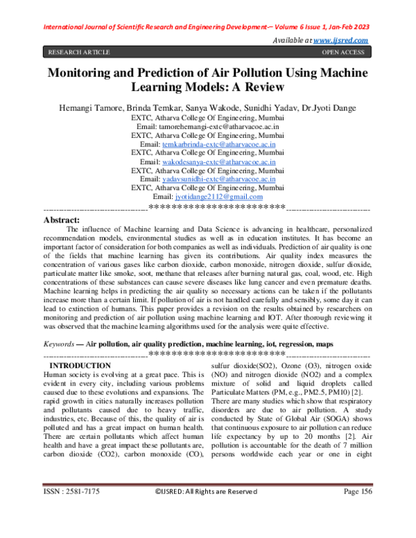 (PDF) Monitoring and Prediction of Air Pollution Using Machine Learning Models: A Review