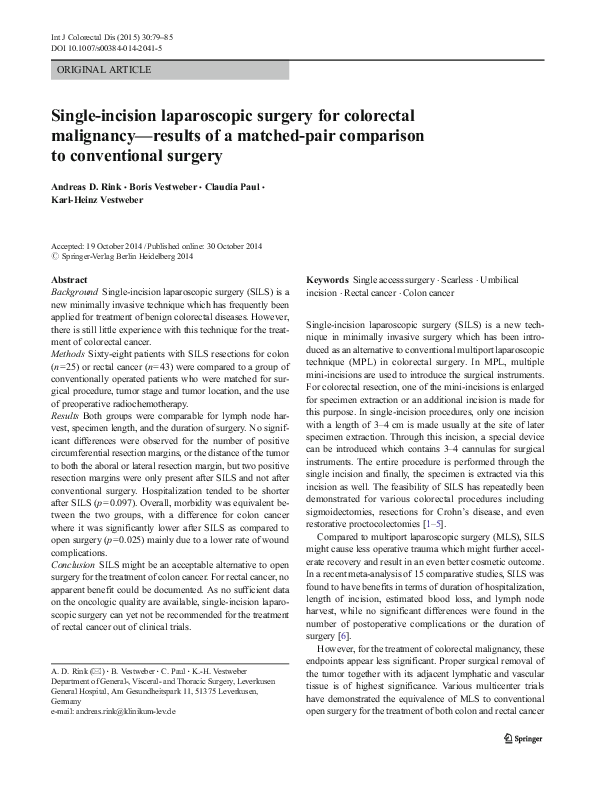 (PDF) Single Incision Laparoscopic Surgery for Colorectal Cancer