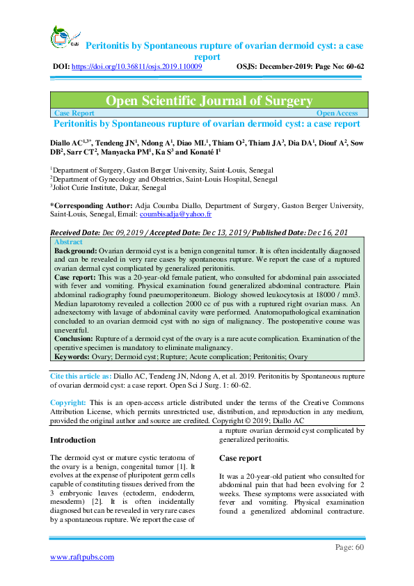 (PDF) Peritonitis by Spontaneous rupture of ovarian dermoid cyst: a ...