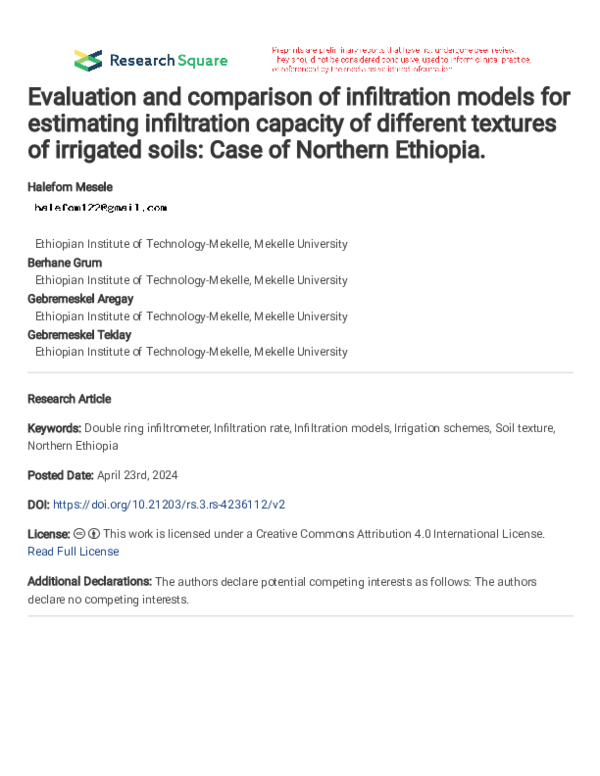 (PDF) Evaluation and comparison of infiltration models for estimating ...