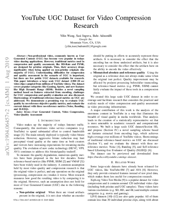 (PDF) YouTube UGC Dataset for Video Compression Research