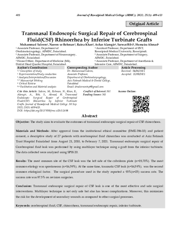 (PDF) Transnasal Endoscopic Surgical Repair of Cerebrospinal Fluid(CSF ...