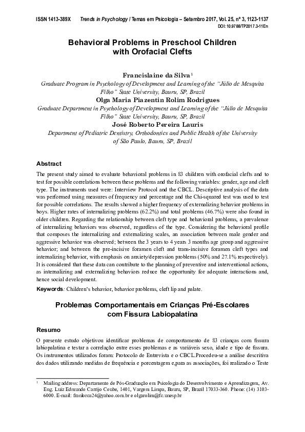 (PDF) Behavioral Problems in Preschool Children with Orofacial Clefts