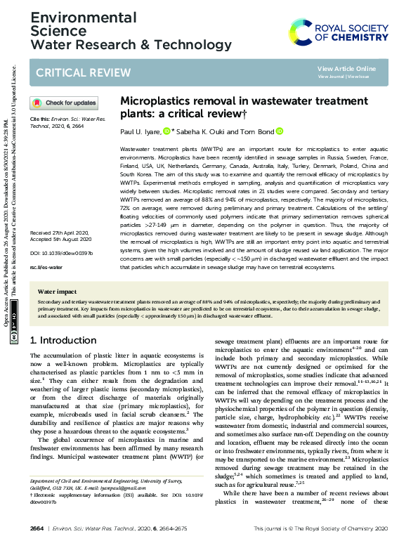 (PDF) Microplastics removal in wastewater treatment plants: a critical ...