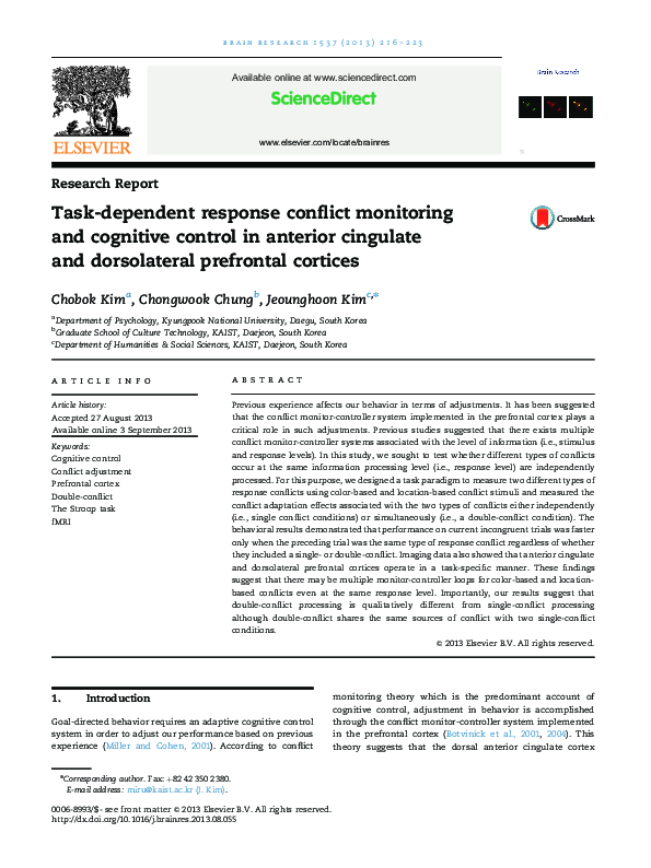 (PDF) Task-dependent response conflict monitoring and cognitive control in anterior cingulate ...