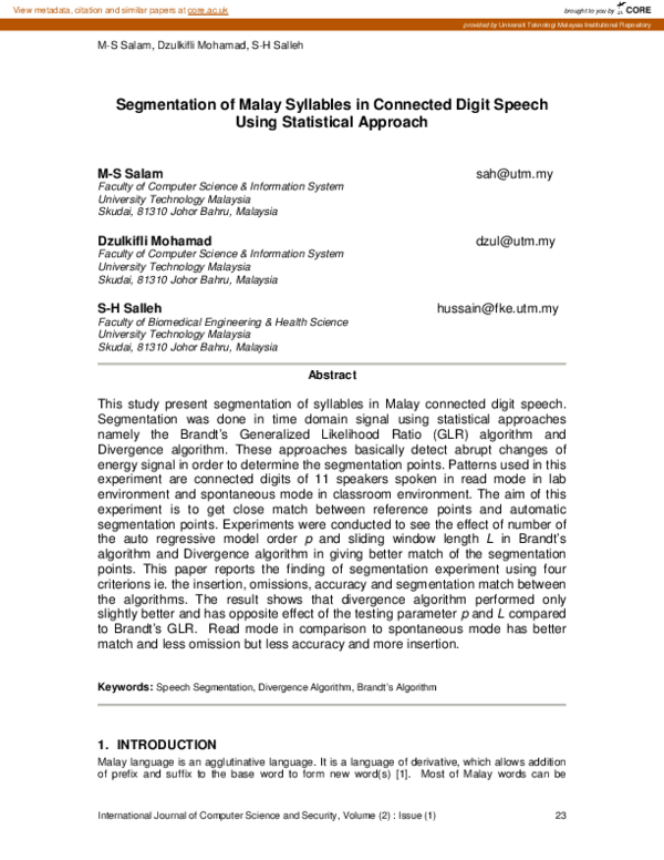 (PDF) Segmentation of Malay Syllables in connected digit speech using statistical approach