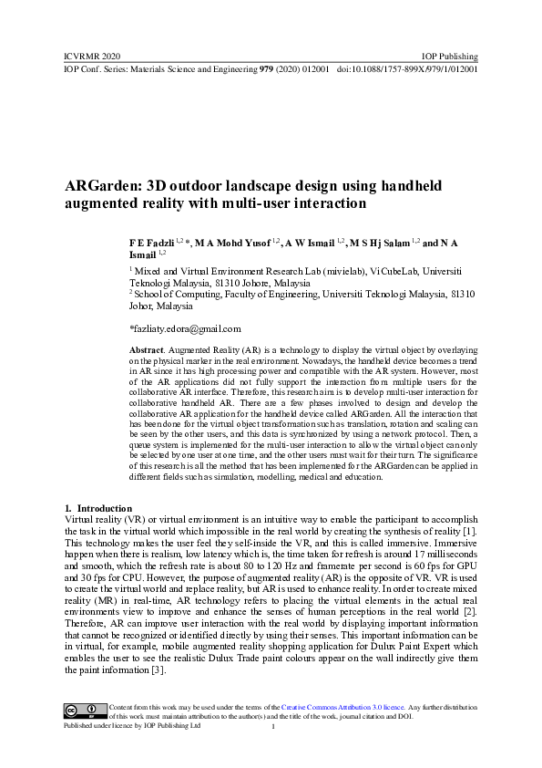 Pdf Argarden 3d Outdoor Landscape Design Using Handheld Augmented Reality With Multi User