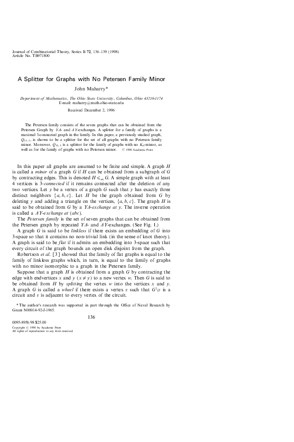 (PDF) A Splitter for Graphs with No Petersen Family Minor