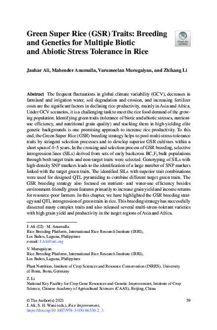 (PDF) Green Super Rice (GSR) Traits: Breeding and Genetics for Multiple Biotic and Abiotic ...
