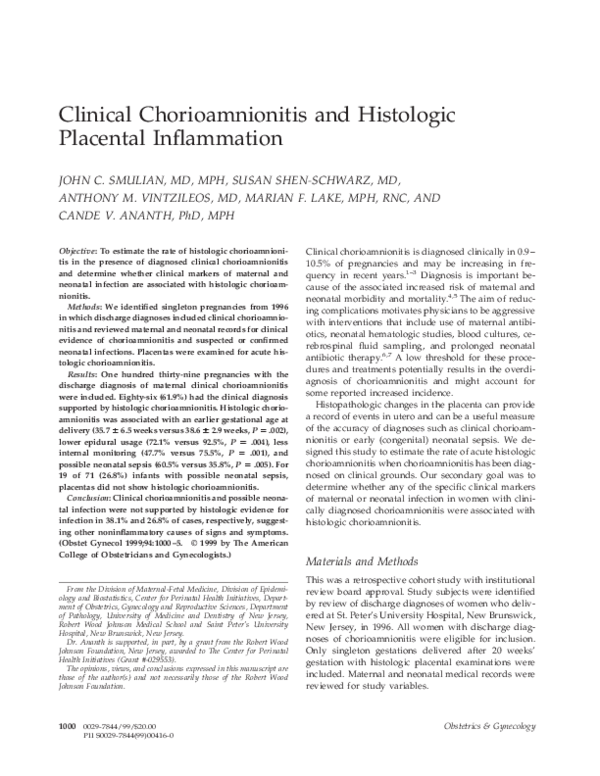 (PDF) Clinical chorioamnionitis and histologic placental inflammation