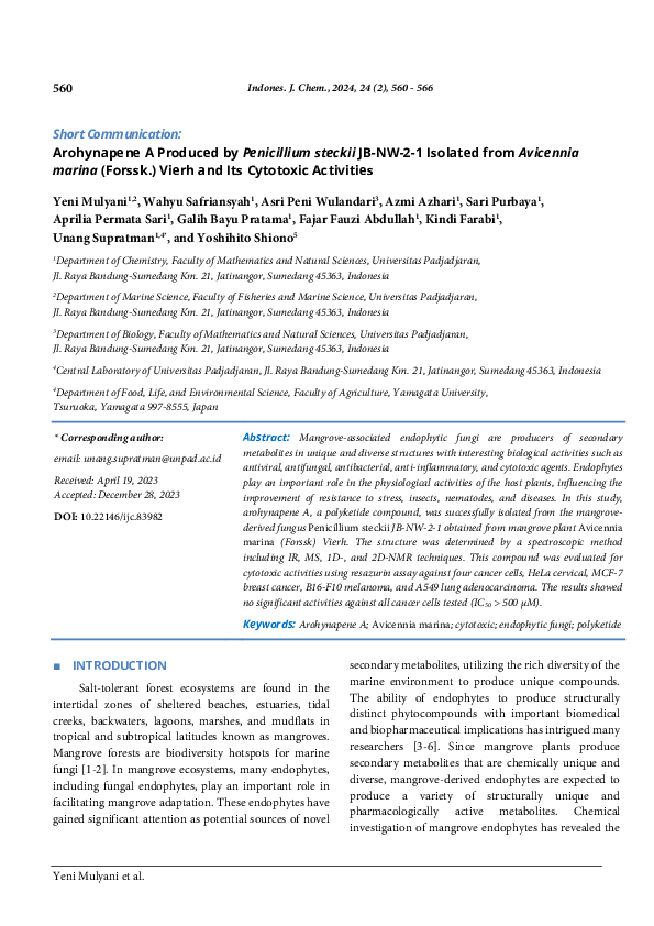 (PDF) Arohynapene A Produced by Penicillium steckii JB-NW-2-1 Isolated from Avicennia marina ...