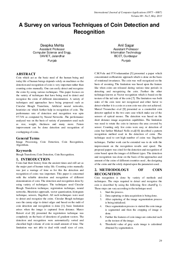 (PDF) A Survey on various Techniques of Coin Detection and Recognition