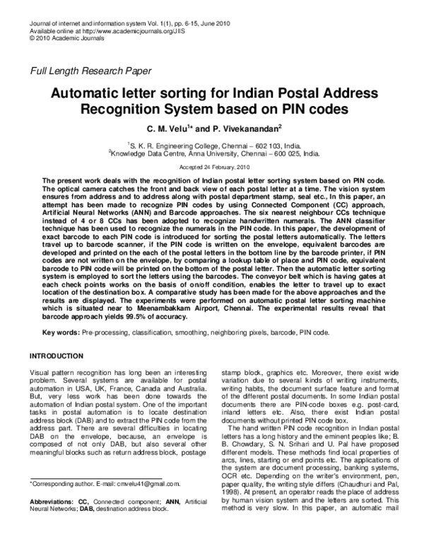 (PDF) Automatic letter sorting for Indian Postal Address Recognition ...