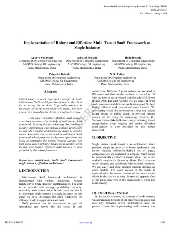 Pdf Implementation Of Robust And Effortless Multi Tenant Saas Framework At Single Instance