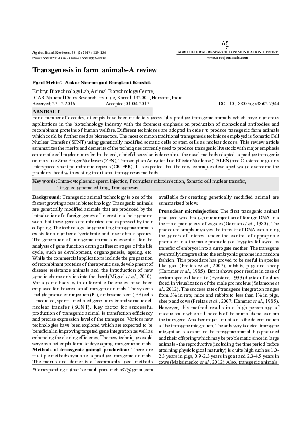 (PDF) Transgenesis in farm animals-A review