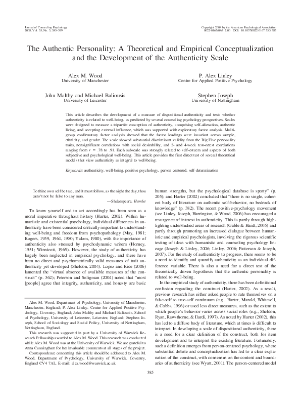 (PDF) The authentic personality: A theoretical and empirical conceptualization and the ...