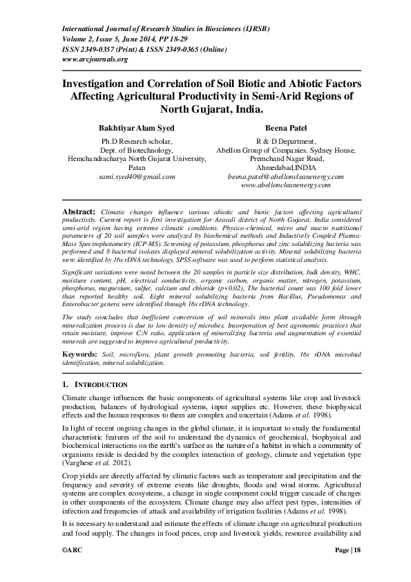 (PDF) Investigation and Correlation of Soil Biotic and Abiotic Factors Affecting Agricultural ...