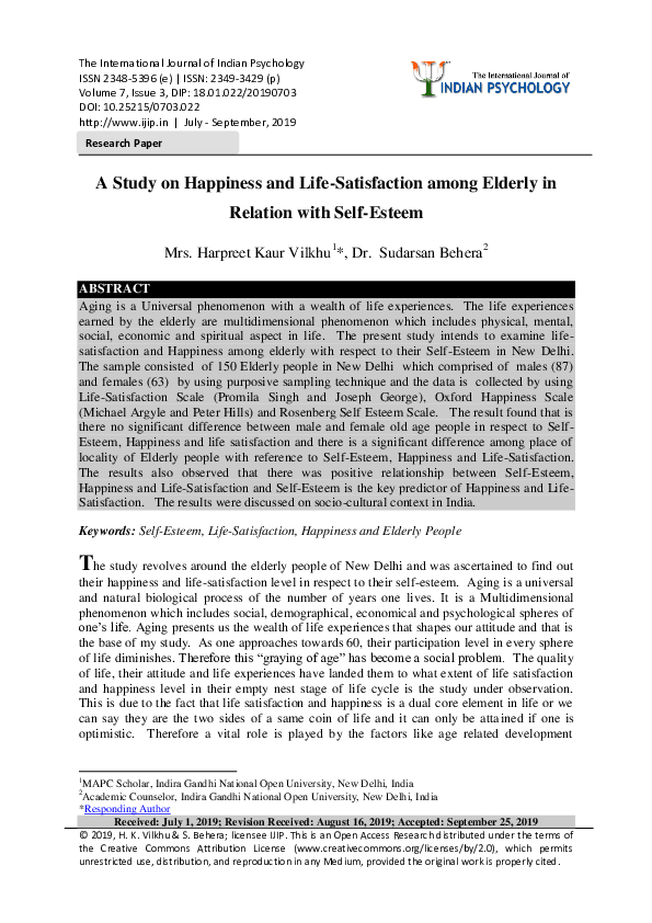 (PDF) A Study on Happiness and Life-Satisfaction among Elderly in ...