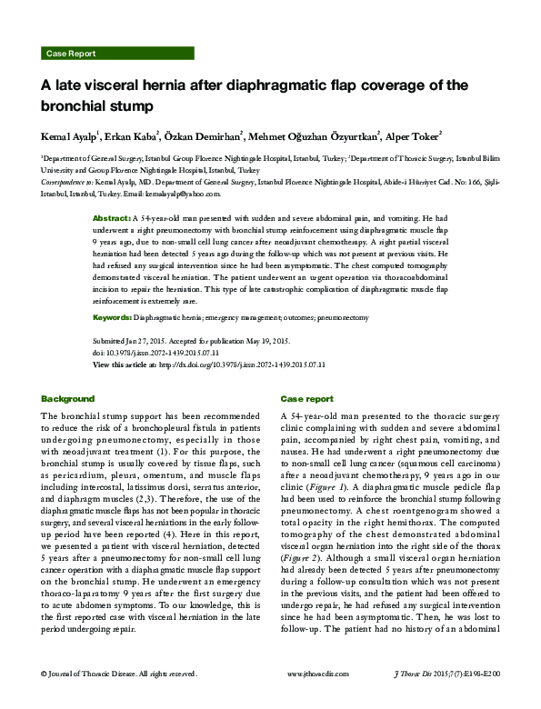 (PDF) A late visceral hernia after diaphragmatic flap coverage of the ...