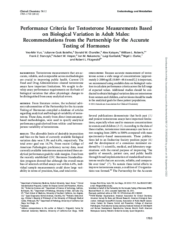 (PDF) Performance Criteria for Testosterone Measurements Based on ...