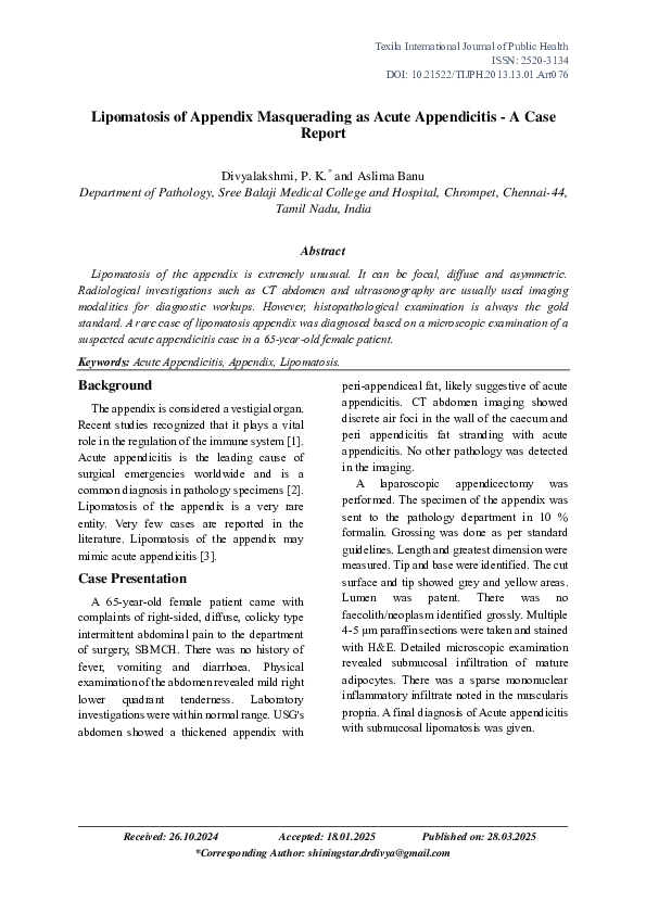 (PDF) Lipomatosis of Appendix Masquerading as Acute Appendicitis - A Case Report