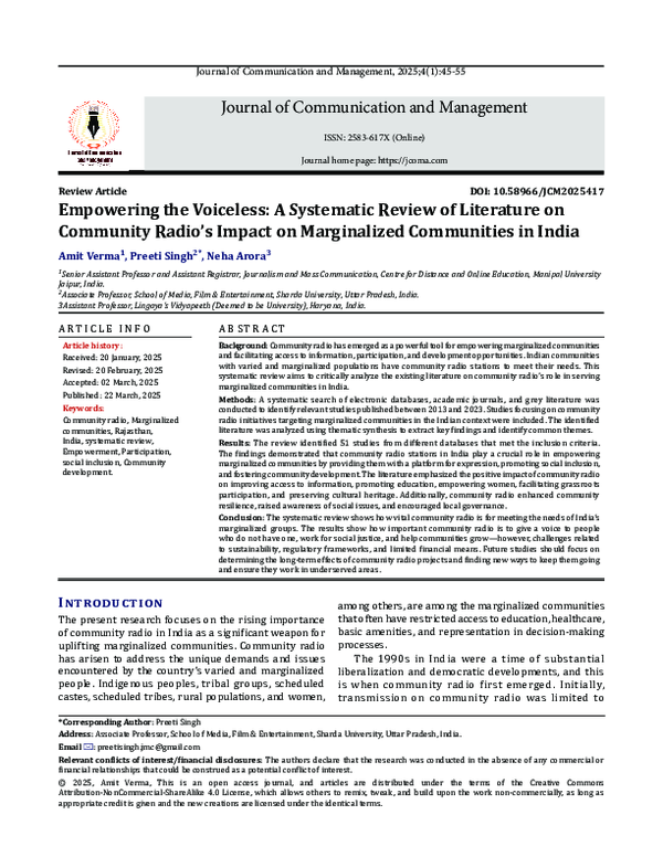 (PDF) Empowering the Voiceless: A Systematic Review of Literature on Community Radio's Impact on ...